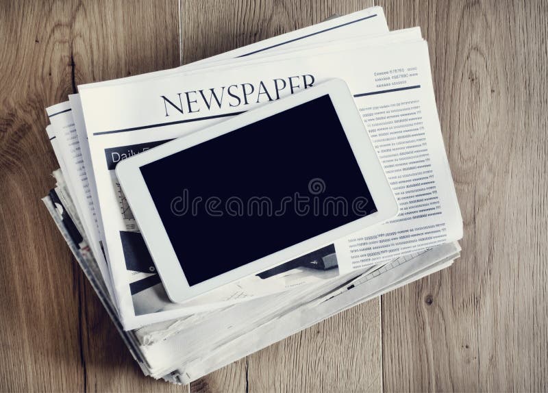 Newspaper with Digital Tablet on Wooden Table Stock Photo - Image of ...