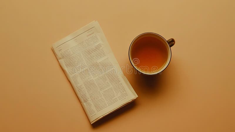 Newspaper Folded beside a Half-drunk Cup of Tea. Stock Image - Image of ...