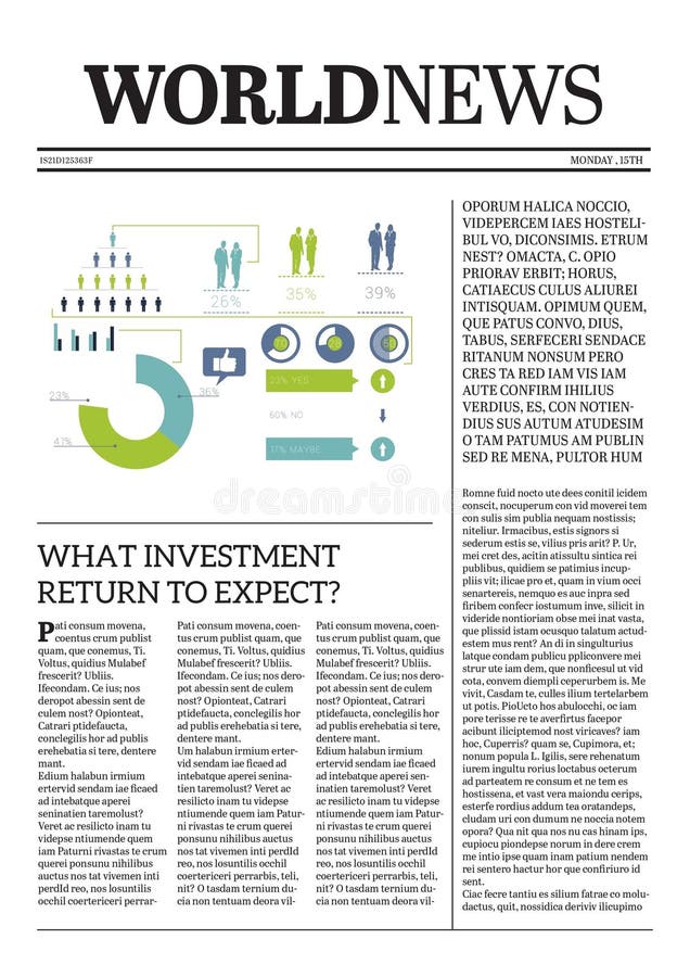 Newspaper Front Page Layout Showing Masthead WORLDNEWS with Pie and ...
