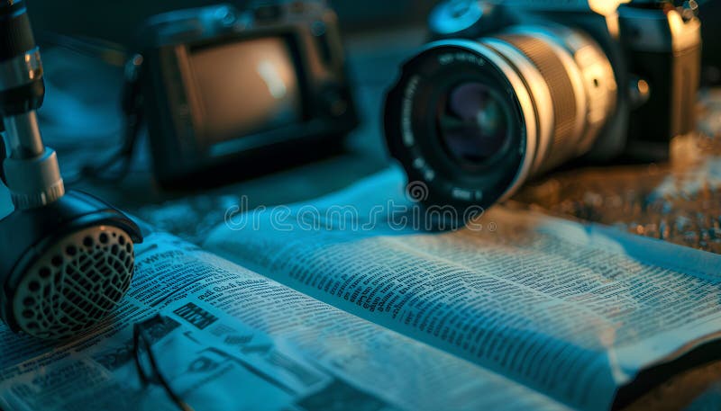 Newspaper with Microphone and Photo Camera on Dark Background, Closeup ...