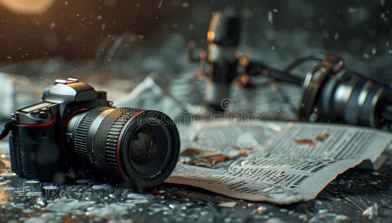 Newspaper with Microphone and Photo Camera on Dark Background, Closeup ...