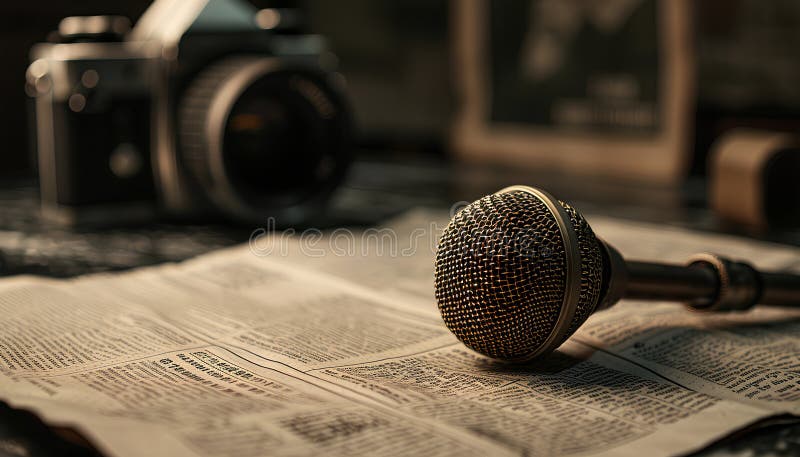 Newspaper with Microphone and Photo Camera on Dark Background, Closeup ...
