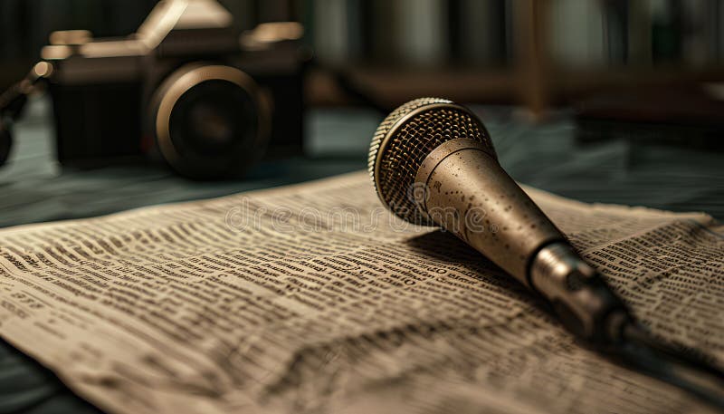 Newspaper with Microphone and Photo Camera on Dark Background, Closeup ...