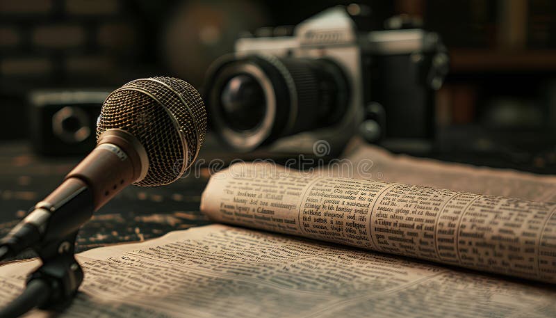 Newspaper with Microphone and Photo Camera on Dark Background, Closeup ...