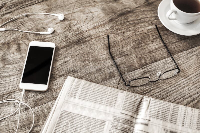 Newspaper on wooden table stock image. Image of journal - 81456305