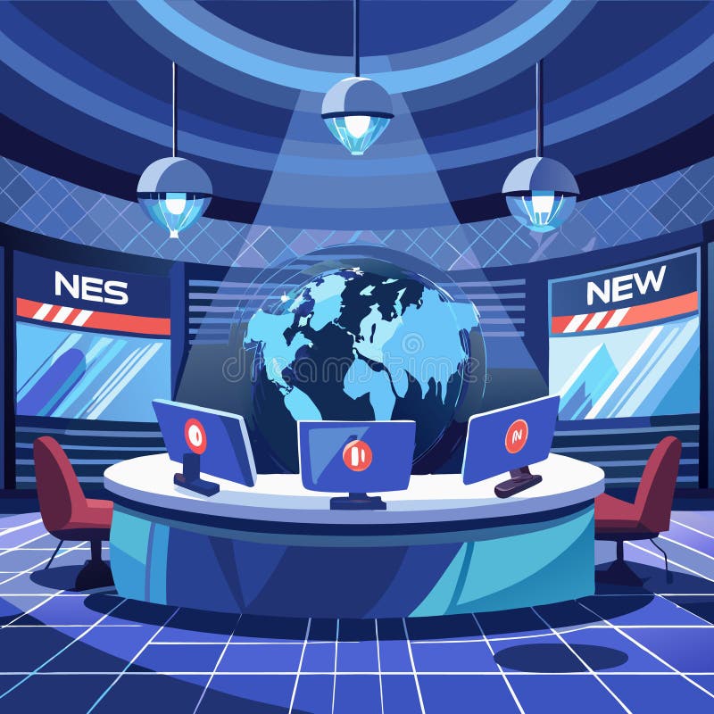 A Newsroom Interior with a Globe and Three Computer Monitors Stock ...