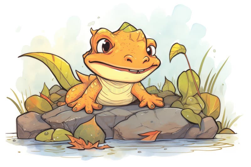 Newt Basking on a Rock Surrounded by Leaves Stock Photo - Image of ...