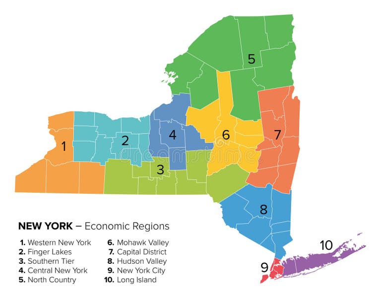 New York State Economic Regions, Multi Colored Political Map Stock ...