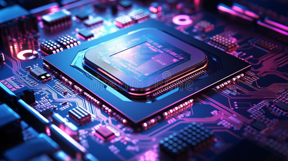Next-Gen Microprocessor on a High-Tech Circuit Board Stock Illustration - Illustration of purple ...