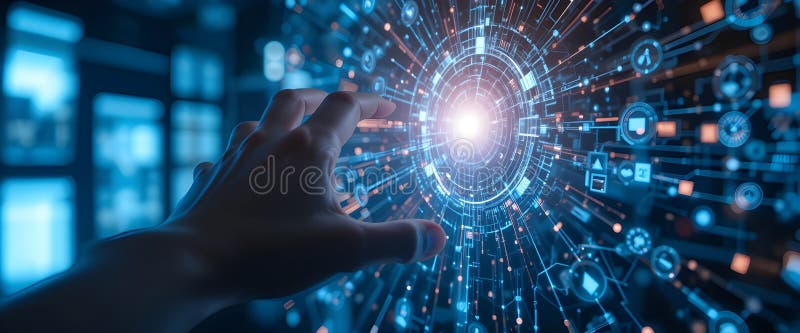 Next-Generation Technology Displayed by Human Touch on a Glowing ...