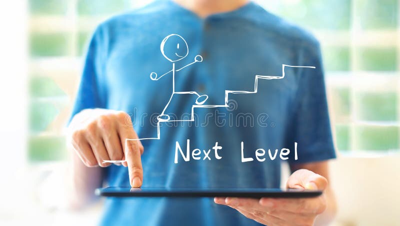 Next Level Concept with Man Using a Tablet Stock Image - Image of goal ...