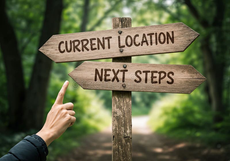 Hand Points To Rustic Signpost Current Location Next Steps Stock ...