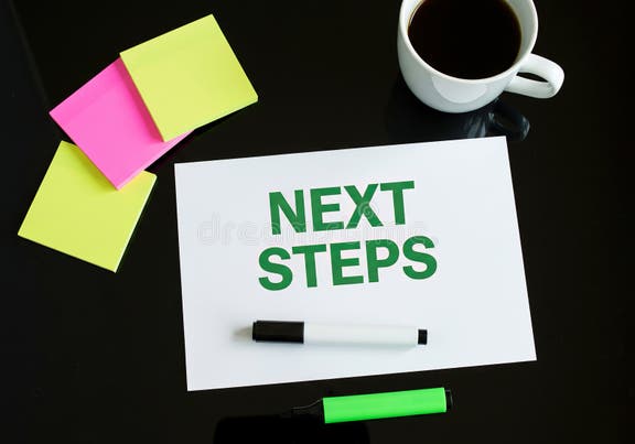 Next Steps Paper Sticky Notes Green Marker Coffee Cup Stock ...