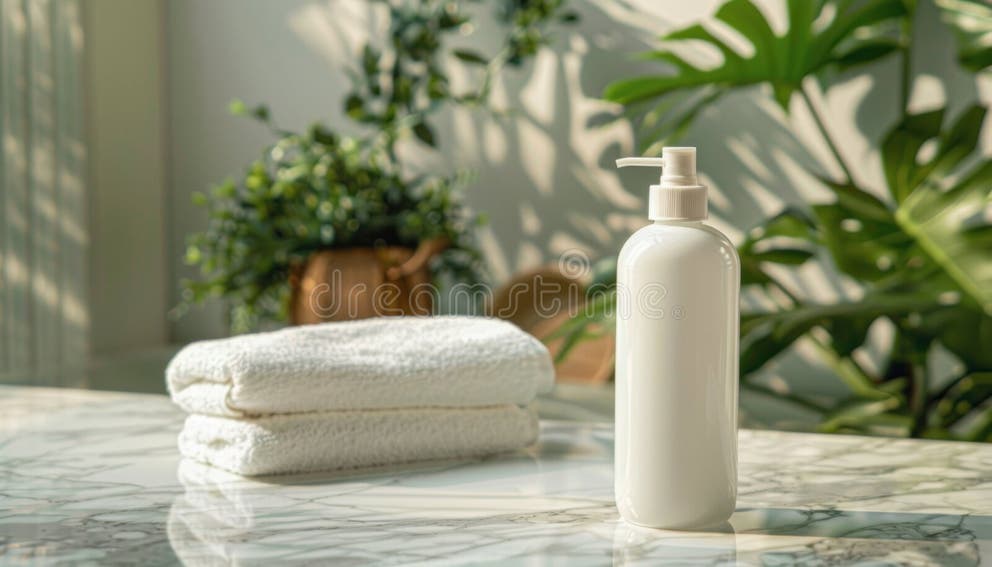 Next To a Stack of Towels on the Table, an Empty Plastic Shampoo Bottle ...