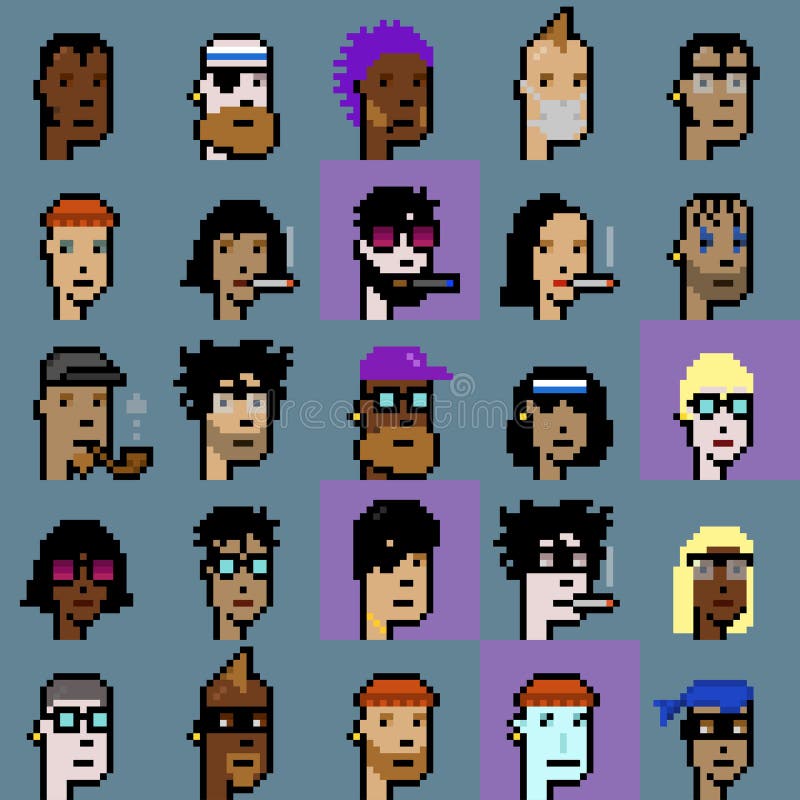 NFT Nonfungible Token. Crypto Art Concept. Pixel Art Cryptopunks Set ...