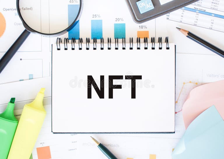 NFT Text on Sticky on Chart with Magnifier, Pen and Calculator Stock ...
