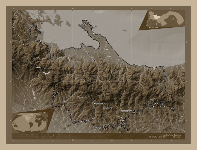 Ngobe Bugle, Panama. Sepia. Labelled Points of Cities Stock ...