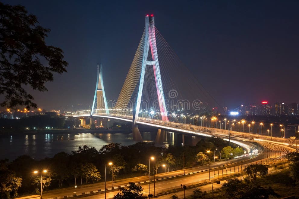 Nhat Tan Bridge at Night stock illustration. Illustration of nhat ...