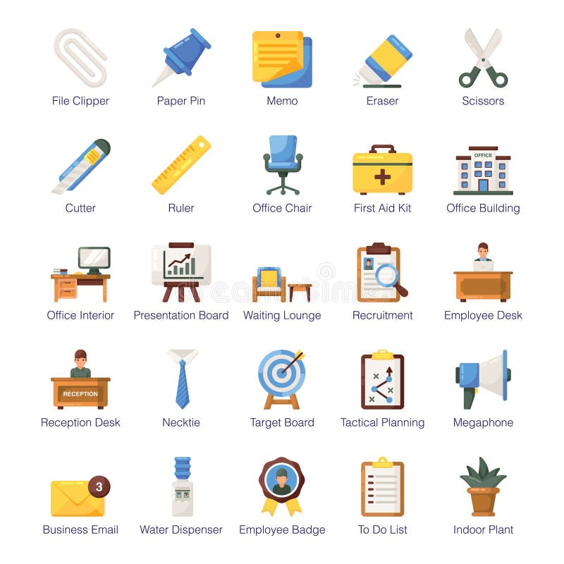 Office Accessories Flat Icons Pack Stock Vector - Illustration of ...