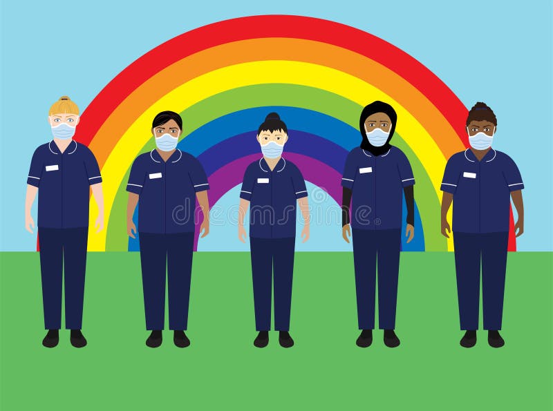 NHS Hospital Staff Wearing Face Masks, Standing in Front of a Rainbow ...