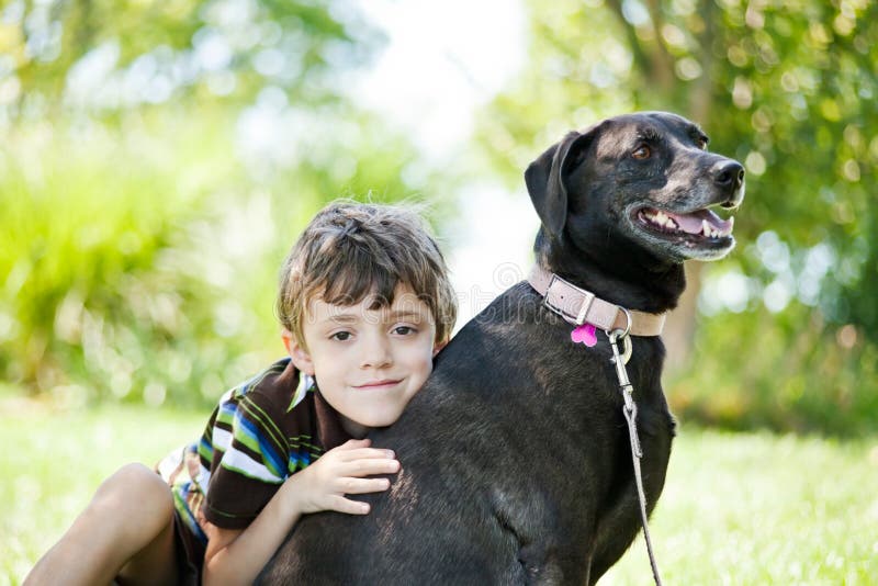 Niño Pequeño Que Mira La Cámara Con Su Perro En El Parque Foto de ...