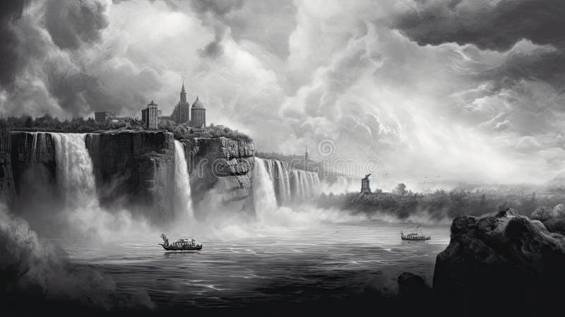Niagara Falls Illustration in Black and White Pencil Sketch - Made with ...