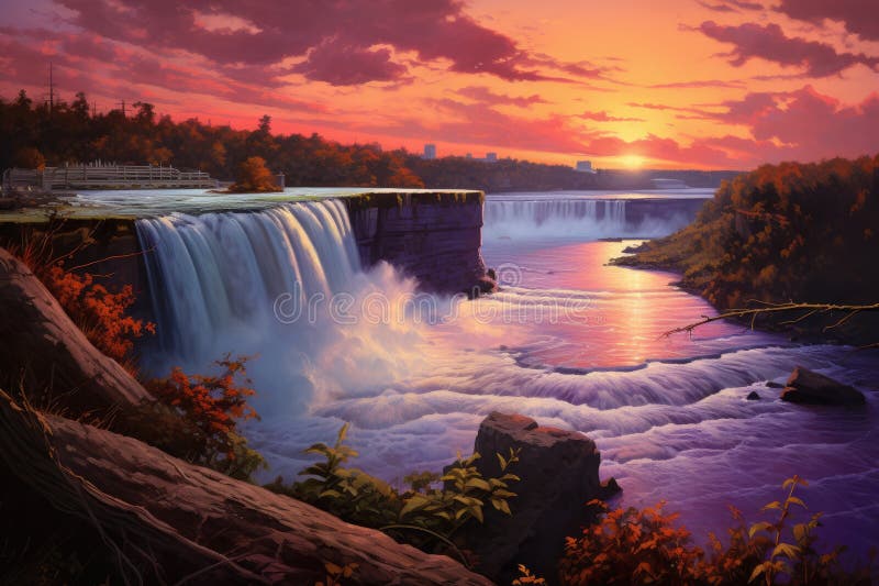 Niagara Falls, Ontario, Canada. Beautiful Niagara Falls at Sunset, Dusk ...