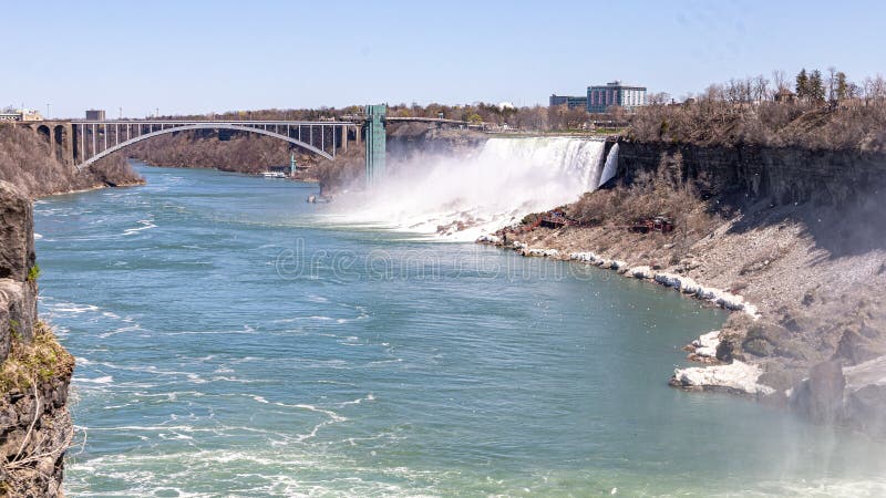 Niagara Falls with Rainbow Bridge and Observation Deck on a Bright ...
