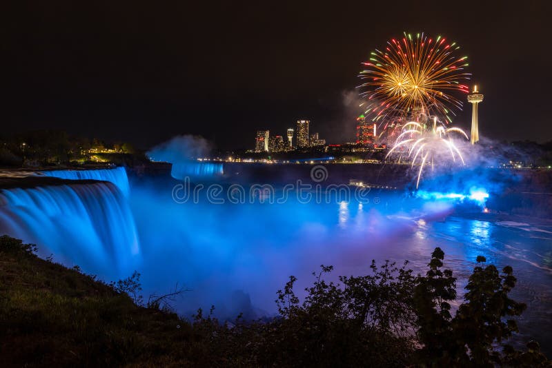 Niagara Falls with the Skyline of Niagara Falls in Canada Stock Image ...