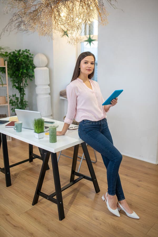 Nice Attractive Woman Leaning on the Table Stock Image - Image of ...