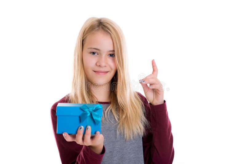 Nice Blond Girl with Blue Gift Box Stock Photo - Image of mothering ...