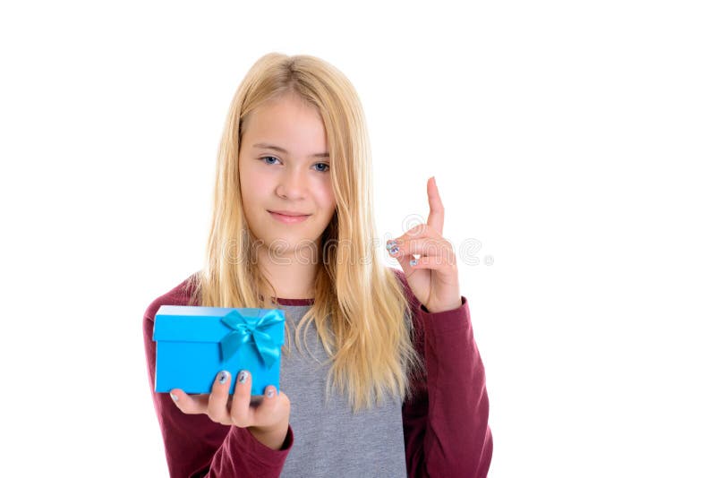 Nice Blond Girl with Blue Gift Box Stock Photo - Image of kiss, girl ...