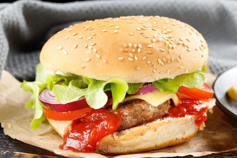 Nice Burger Homemade Cheeseburger Close-up. Fresh Tasty Burger Stock ...
