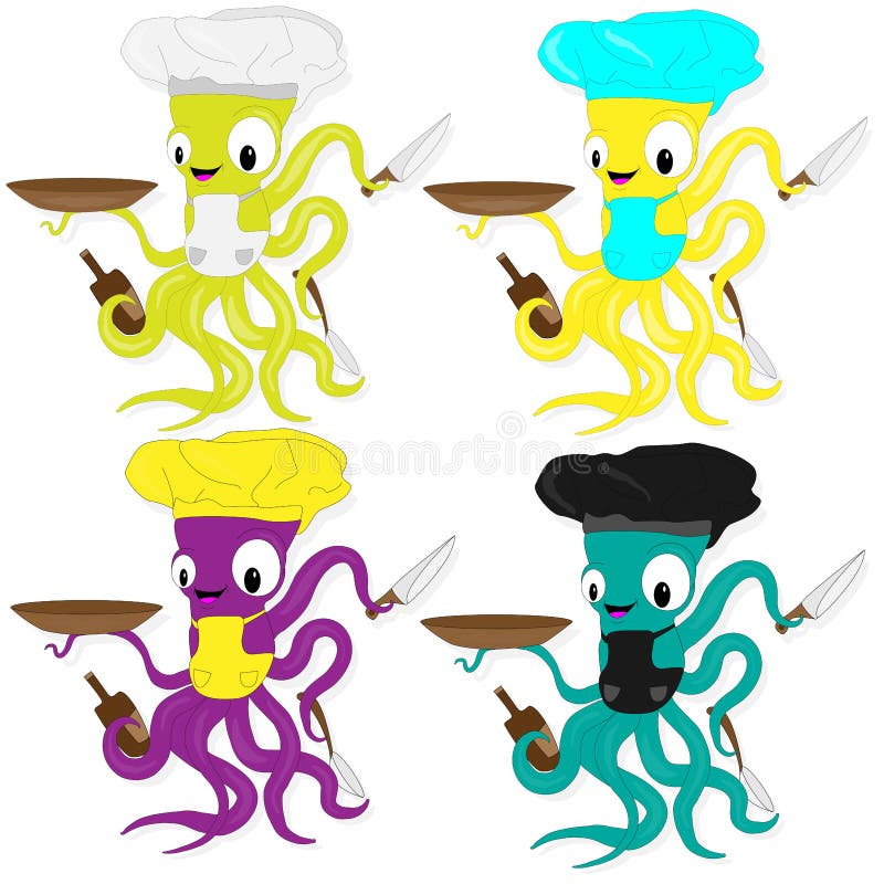 Nice Cartoon Octopus Chef in Cook Hat. Stock Vector - Illustration of ...