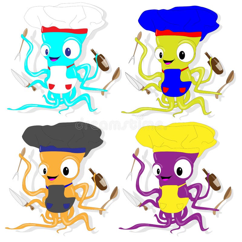 Nice Cartoon Octopus Chef in Cook Hat. Stock Vector - Illustration of ...