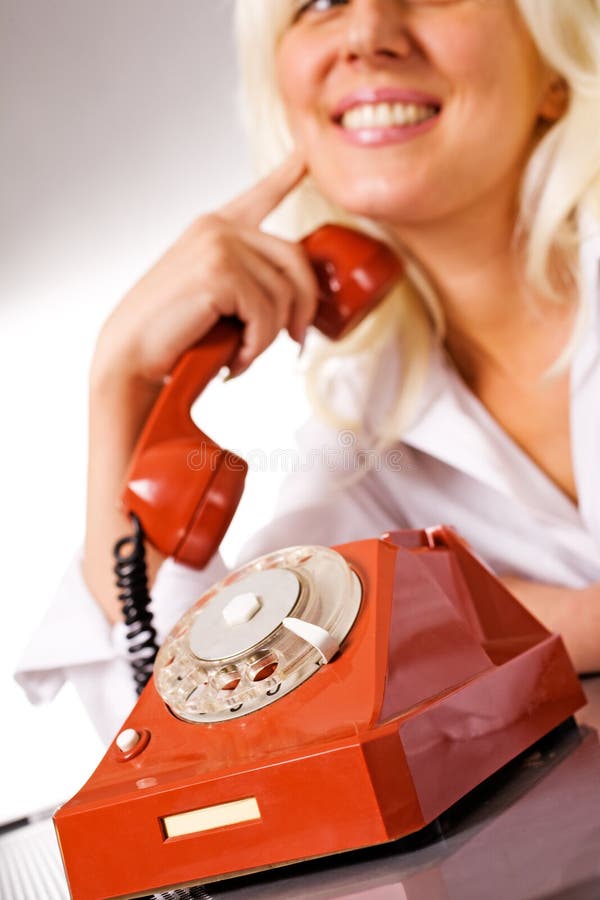 Nice Caucasian Model with Red Phone Stock Photo - Image of helpful ...