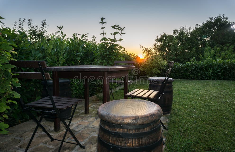 Nice corner in backyard stock photo. Image of table, green - 73980948