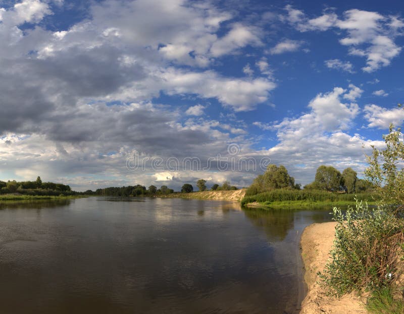 Nice Country Panorama with River, Sheep and Green Field Stock Photo ...