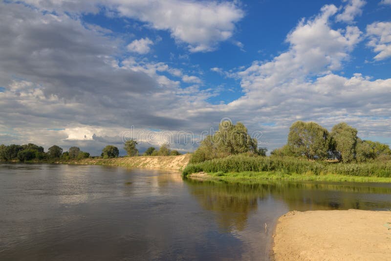 Nice Country Panorama with River, Sheep and Green Field Stock Image ...