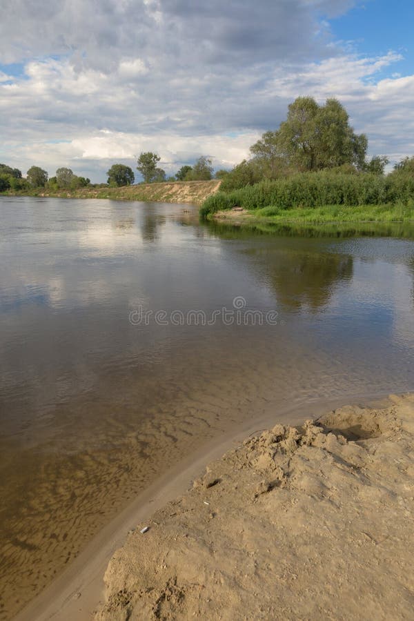 Nice Country Panorama with River, Sheep and Green Field Stock Photo ...