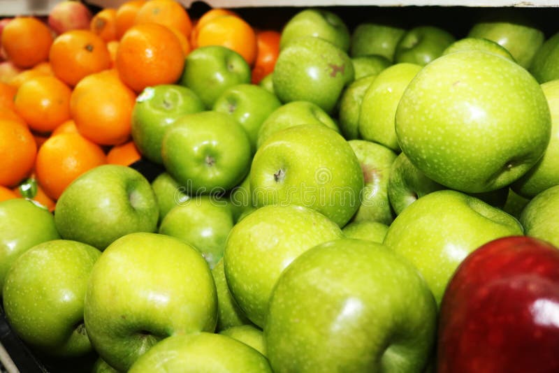 Fresh Fruit Green, Red Apple and Orange Image Stock Photo - Image of ...