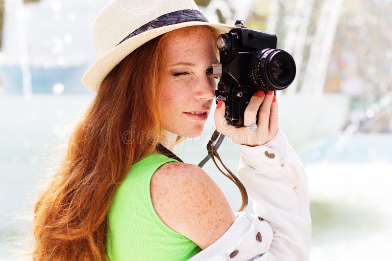 Nice Girl Photographer at Work Stock Image - Image of fall, autumn ...