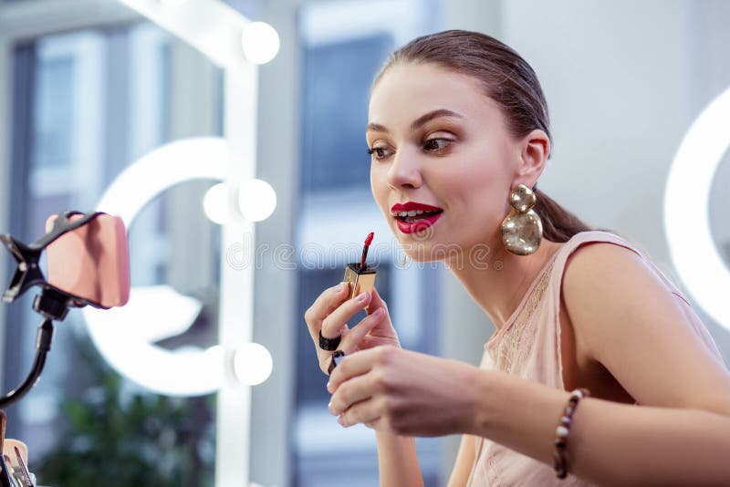 Nice Good Looking Woman Applying Red Lipstick Stock Photo - Image of ...