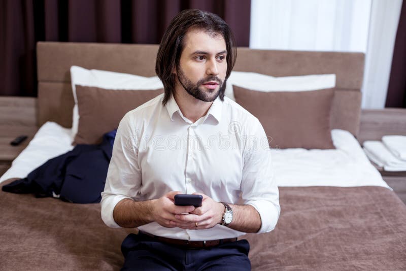 Nice Handsome Pleasant Man Writing a Message Stock Photo - Image of ...