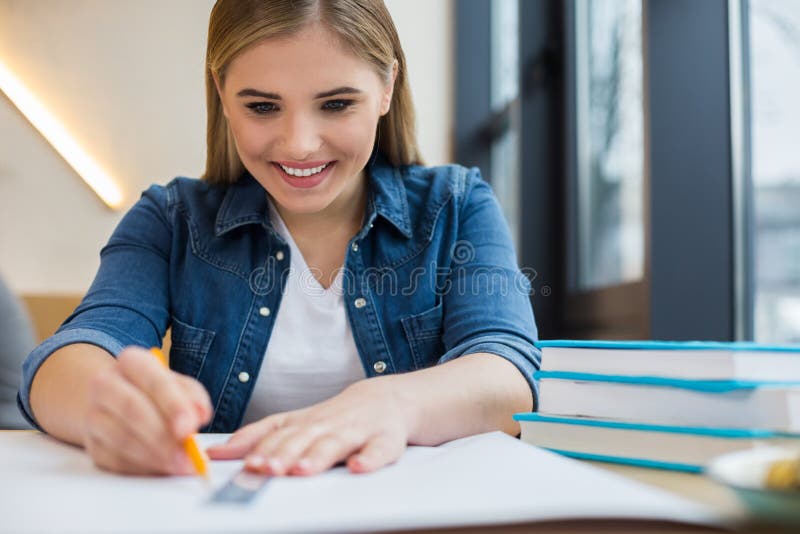 Nice happy woman working stock image. Image of paper - 165978867