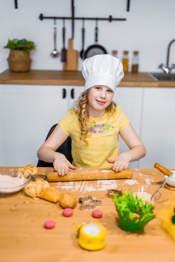 Nice Little Girl Baking at Home with Rolling Pin Stock Image - Image of ...
