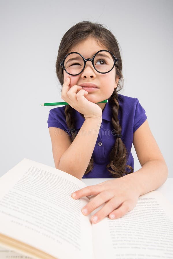Nice Little Girl Studying Homework. Stock Photo - Image of head, hands ...