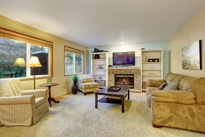 Nice Living Room with Fireplace. Stock Photo - Image of green, decor ...