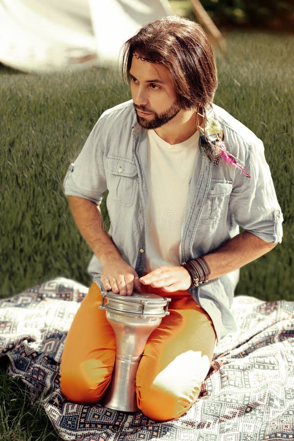 Nice Long Haired Man Playing Music in the Park Stock Photo - Image of ...