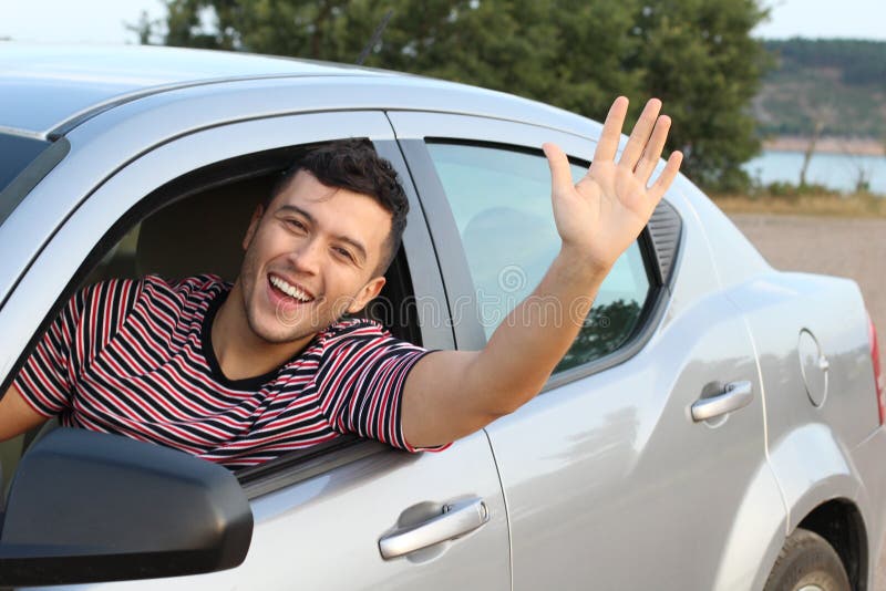 Nice Man Greeting Someone while Driving Stock Image - Image of handsome ...